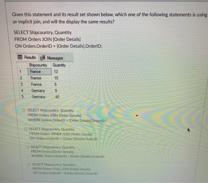 Solved Given this statement and its result set shown below, | Chegg.com
