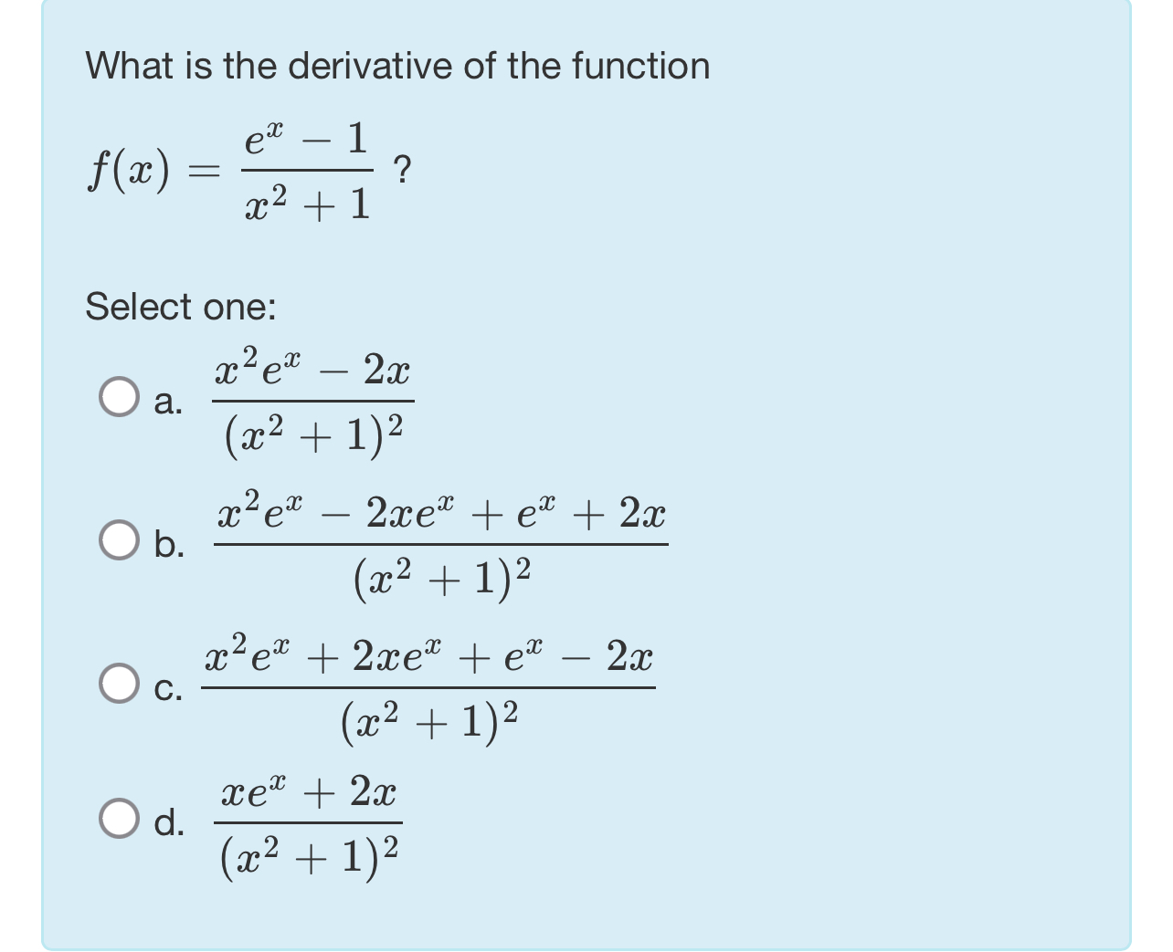 Solved What is the derivative of the functionf(x)=ex−1x2+1 ? | Chegg.com