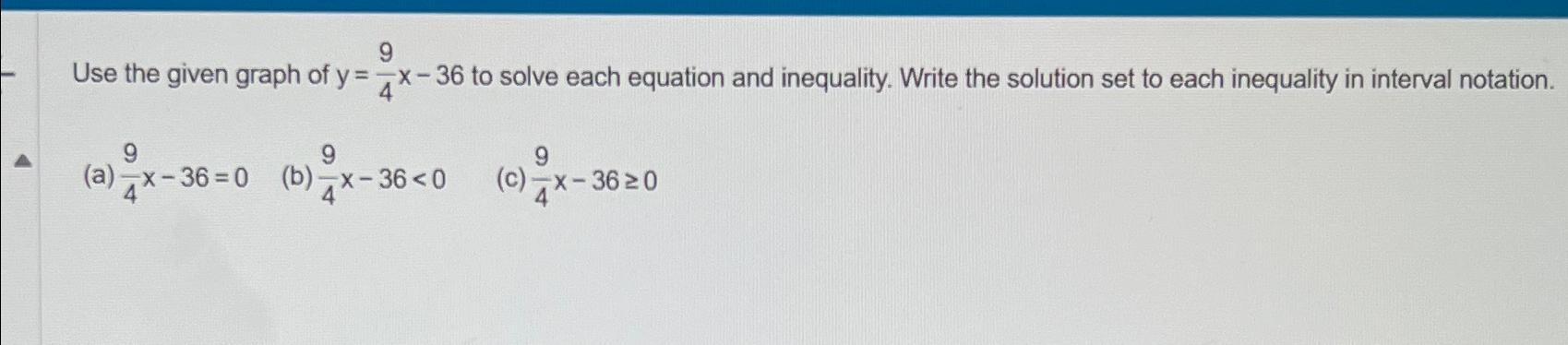 Solved Use the given graph of y=94x-36 ﻿to solve each | Chegg.com