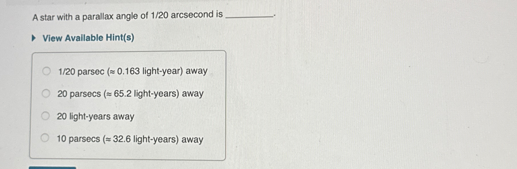 Solved A star with a parallax angle of 120 ﻿arcsecond is | Chegg.com