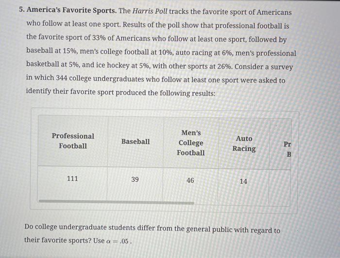 Solved 5. America's Favorite Sports. The Harris Poll tracks | Chegg.com
