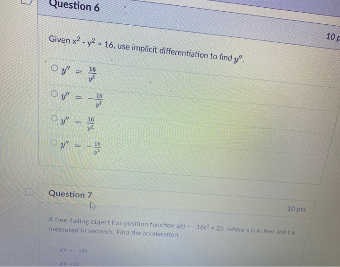 Solved > Question 6 Given x2 - y2 = 16, use implicit | Chegg.com