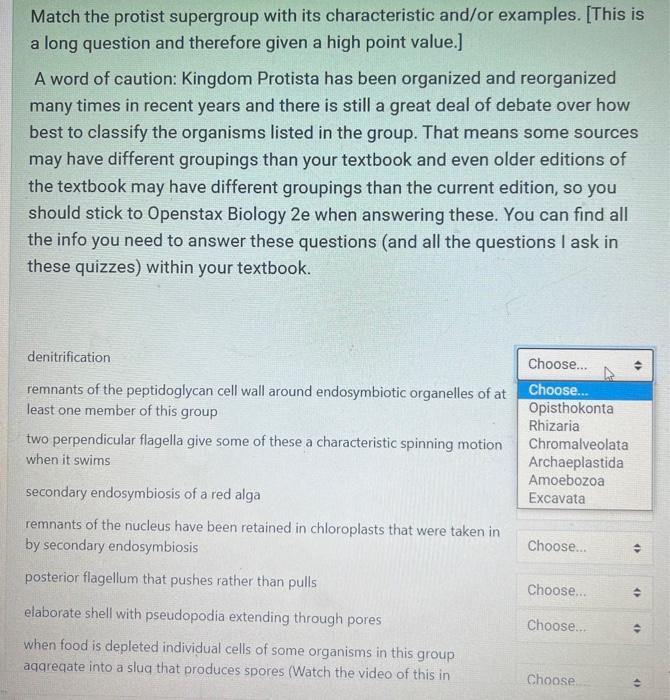 Match the protist supergroup with its characteristic | Chegg.com