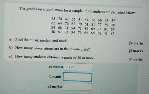 Solved The grades on a math exam for a sample of 40 students | Chegg.com
