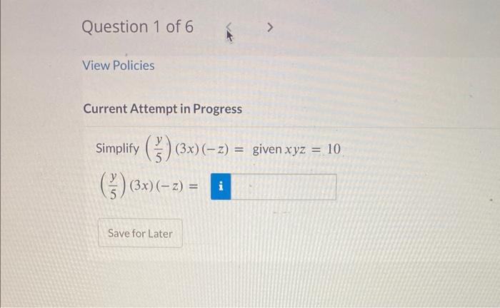 Solved Current Attempt in Progress Simplify (5y)(3x)(−z)= | Chegg.com