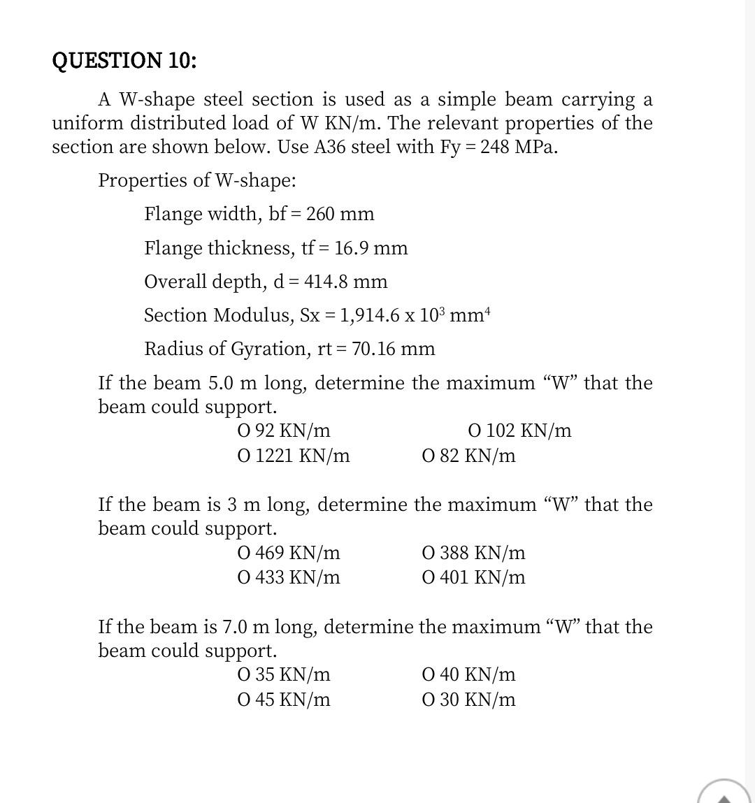 Solved QUESTION 10: A W-shape steel section is used as a | Chegg.com