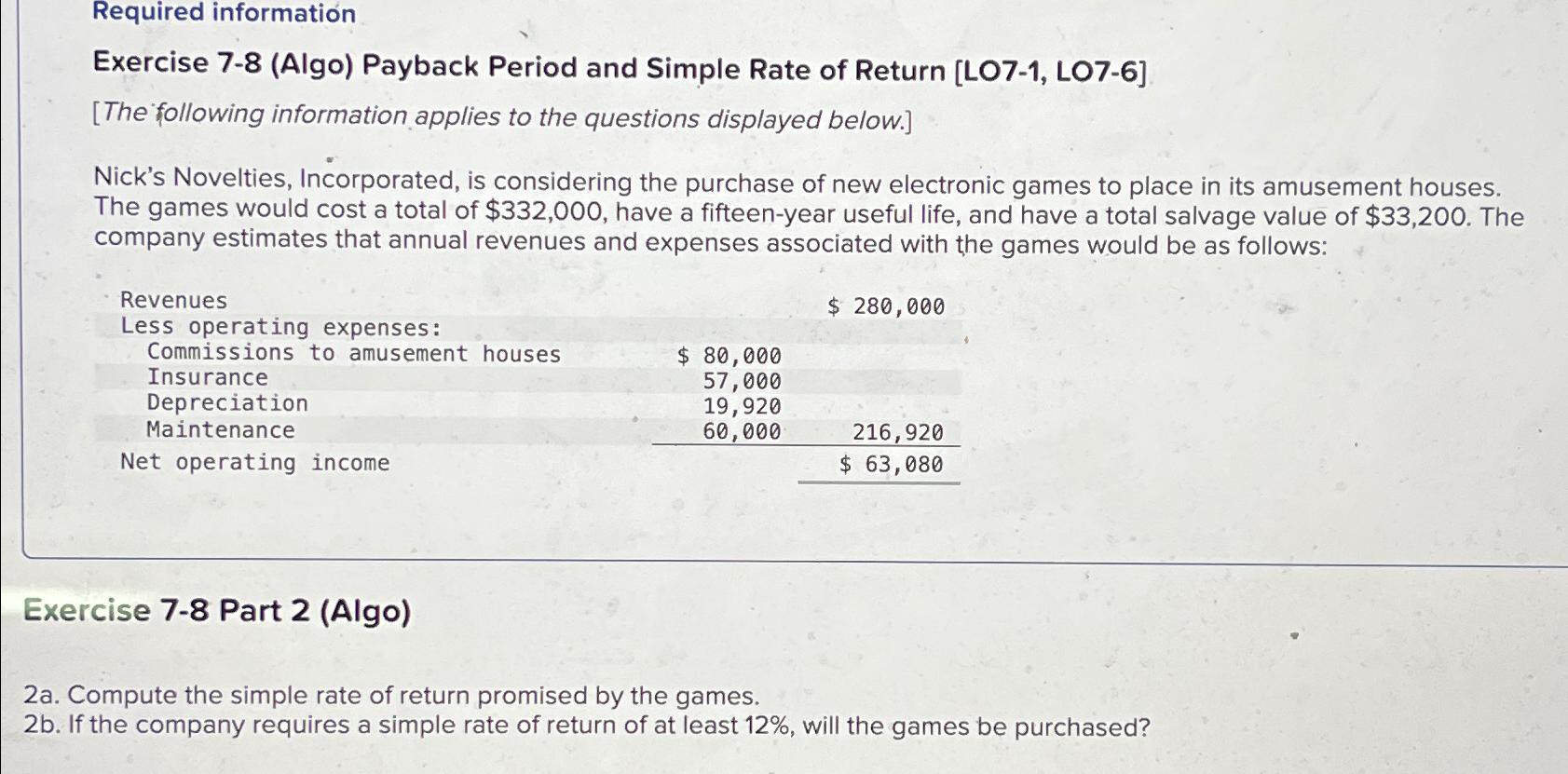 Solved Required informationExercise 7-8 (Algo) ﻿Payback | Chegg.com