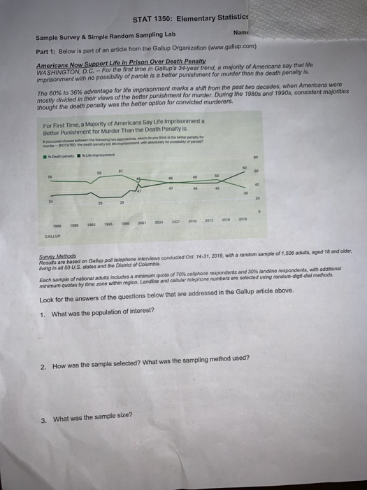 Solved STAT 1350: Elementary Statistics Sample Survey & | Chegg.com