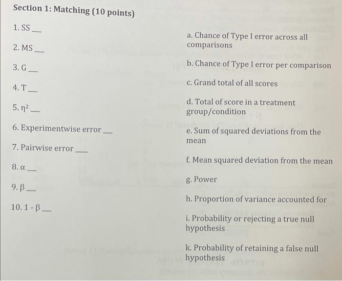 Solved Section 1: Matching (10 points) 1. SS a. Chance of | Chegg.com