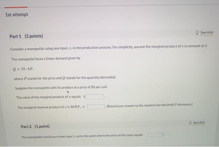 Solved 1st attempt See Hint Part 1 (2 points) Consider a | Chegg.com