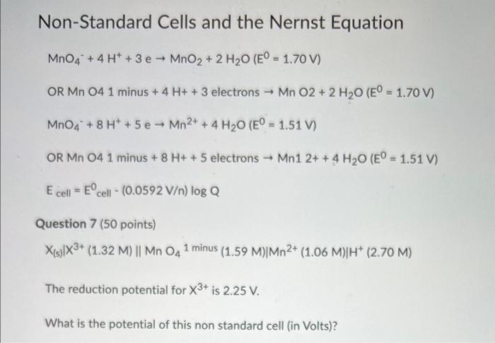 Solved Non standard cells and the nernst equation problem, | Chegg.com