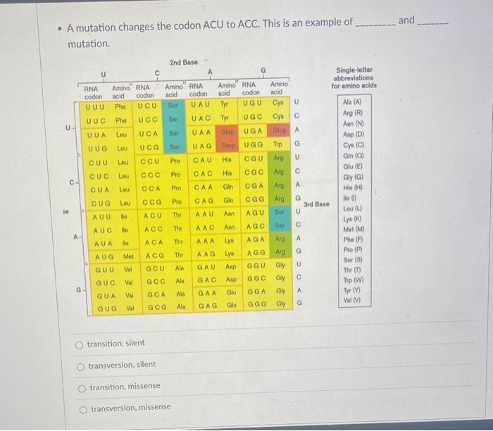 Solved - A mutation changes the codon ACU to ACC. This is an | Chegg.com
