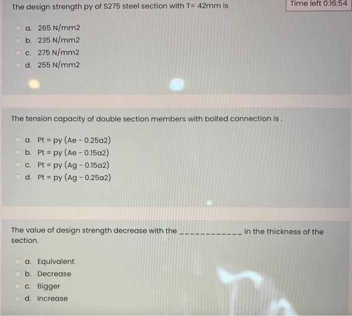 Solved Time left 0:16:54 The design strength py of S275 | Chegg.com