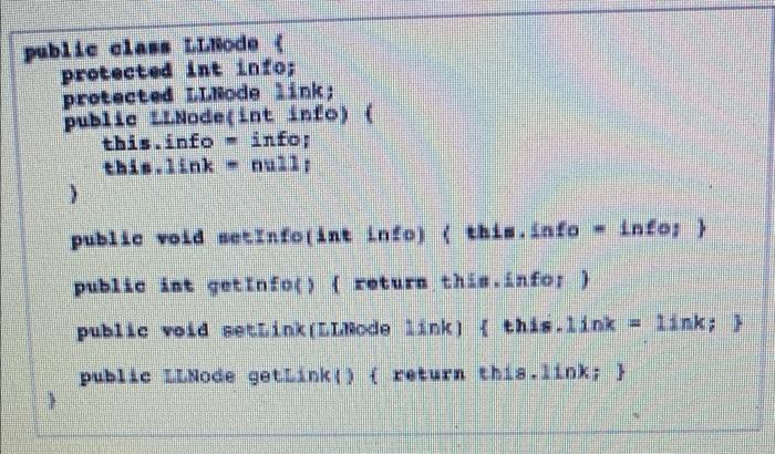 Solved public class LLNode protected int ipfo; protected | Chegg.com