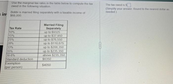 Solved Use the marginal tax rates in the table below to | Chegg.com