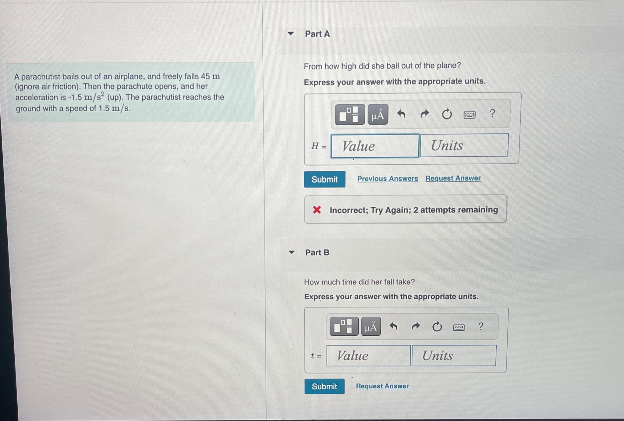 Solved A parachutist bails out of an airplane, and freely | Chegg.com