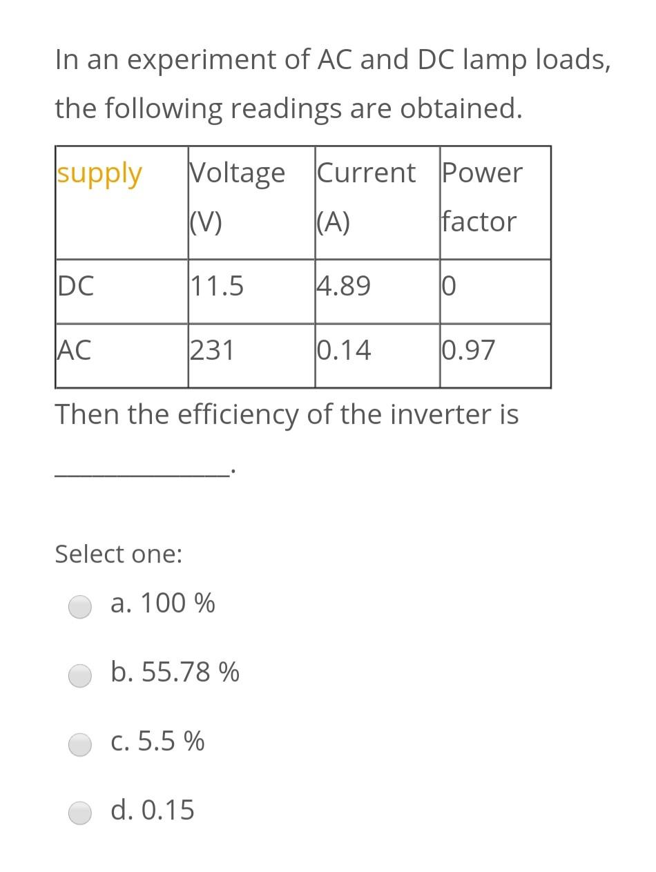 Solved In an experiment of AC and DC lamp loads, the | Chegg.com