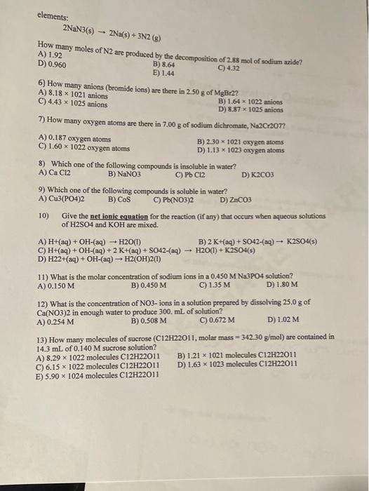 Solved 2Na(s) + 3N2 (8) elements: 2NaN3(s) How many moles of | Chegg.com