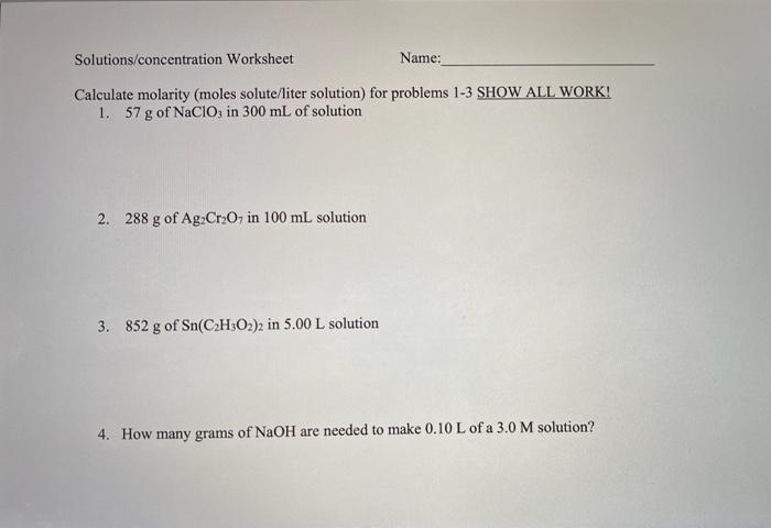 Solved Solutions/concentration Worksheet Name: Calculate | Chegg.com