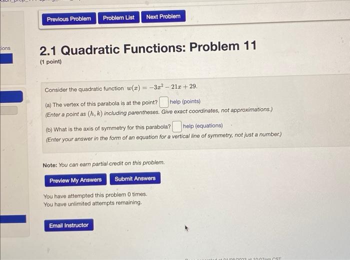 Solved 2.1 Quadratic Functions: Problem 11 (1 point) | Chegg.com