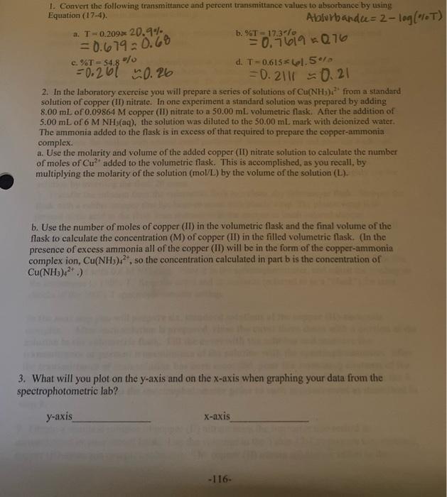 Solved 1. Convert the following transmittance and percent | Chegg.com