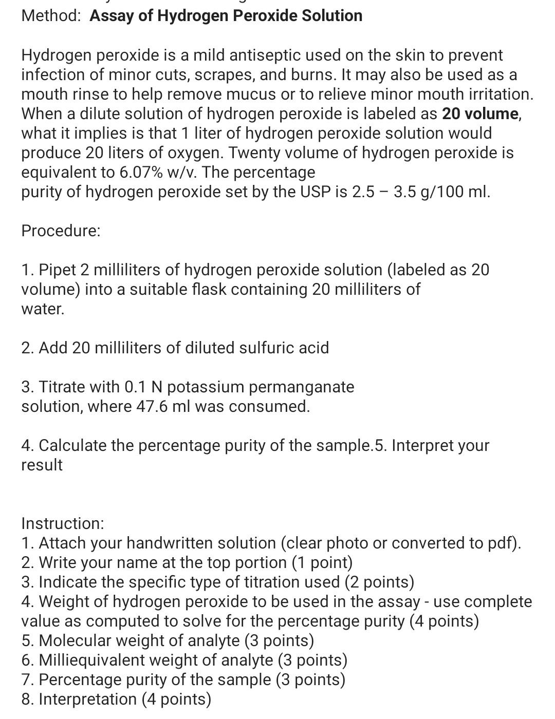 Solved Method: Assay of Hydrogen peroxide Solution Hydrogen | Chegg.com