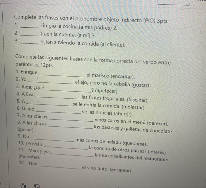 Español 102 Tarea de Gustar y otros verbos (15pts) | Chegg.com