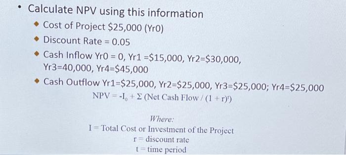Solved • Calculate NPV using this information • Cost of | Chegg.com
