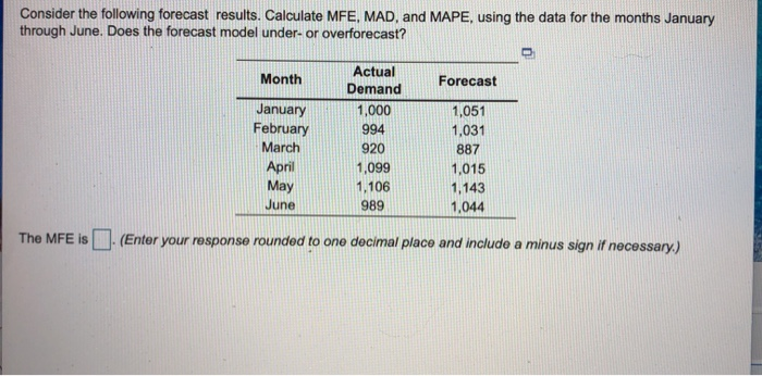 Solved Consider the following forecast results. Calculate | Chegg.com