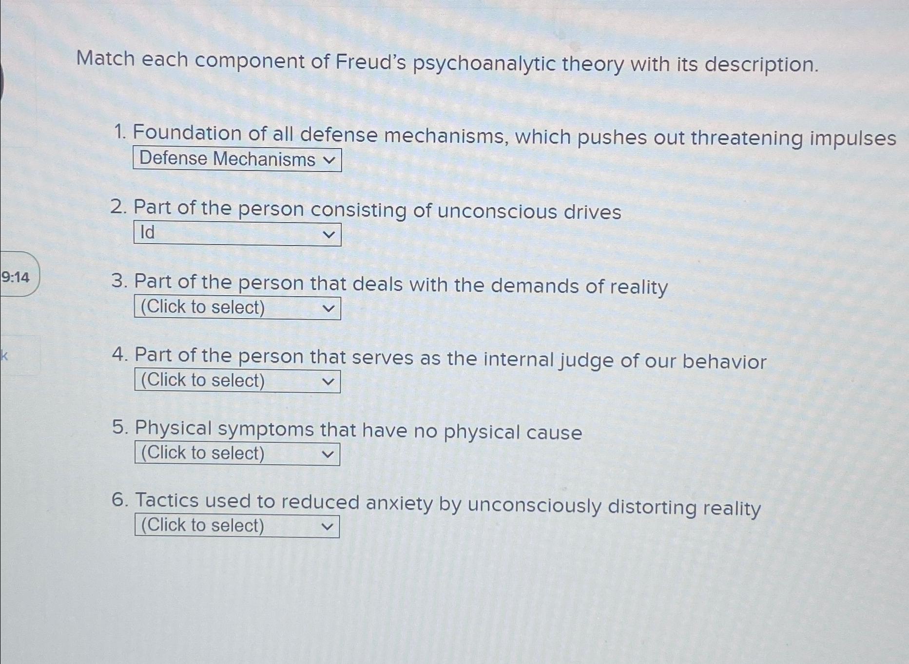 Solved Match each component of Freud's psychoanalytic theory | Chegg.com