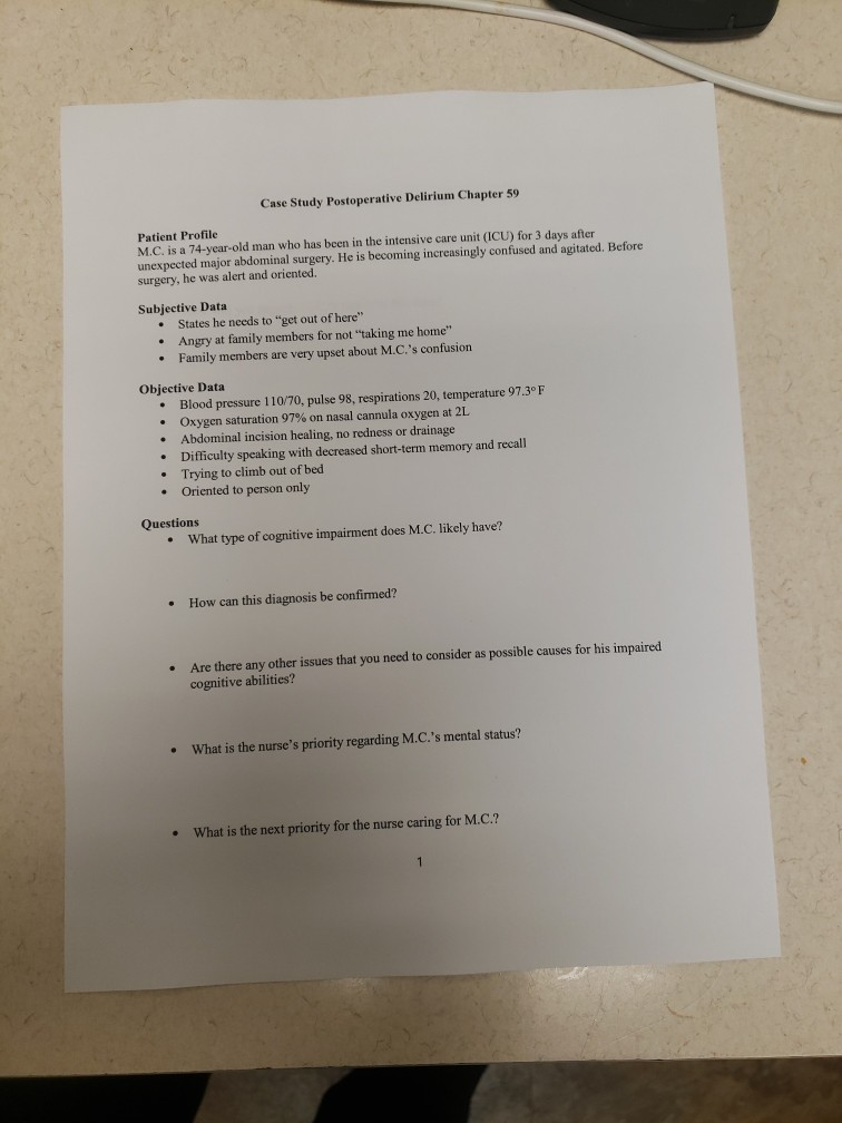 Solved Case Study Postoperative Delirium Chapter 59 Patient | Chegg.com