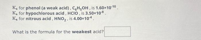 Solved Kn for phenol (a weak acid), C6H5OH, is 1.60×10−10. | Chegg.com