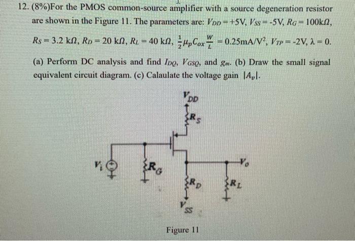 Solved W 12. (8%)For the PMOS common-source amplifier with a | Chegg.com