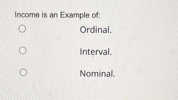 Solved Income is an Example of: Ordinal. Interval. Nominal. | Chegg.com