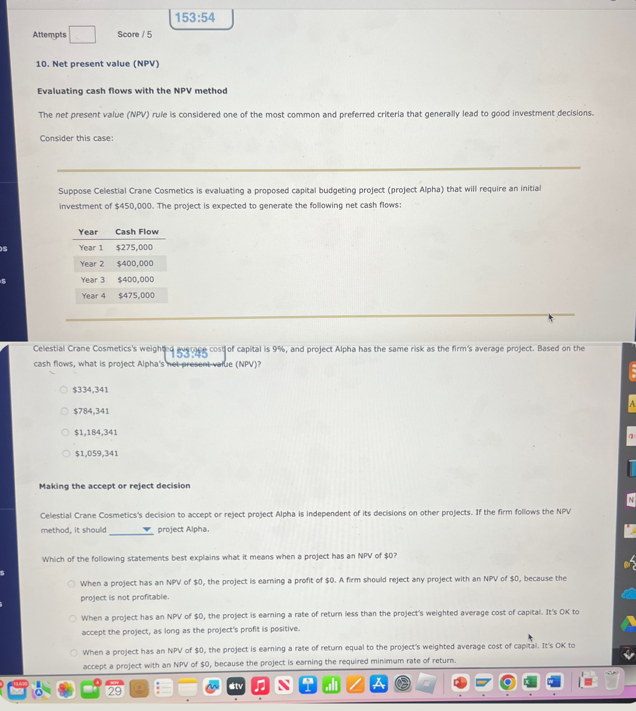 Solved 153:54AttemptsScore / 510. ﻿Net present value | Chegg.com