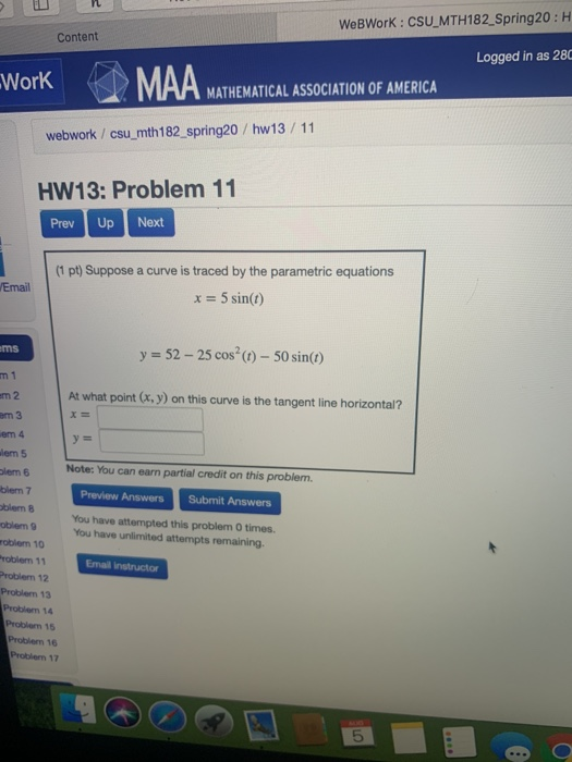Solved WebWork: CSU_MTH182 Spring 20:H Content Logged in as | Chegg.com