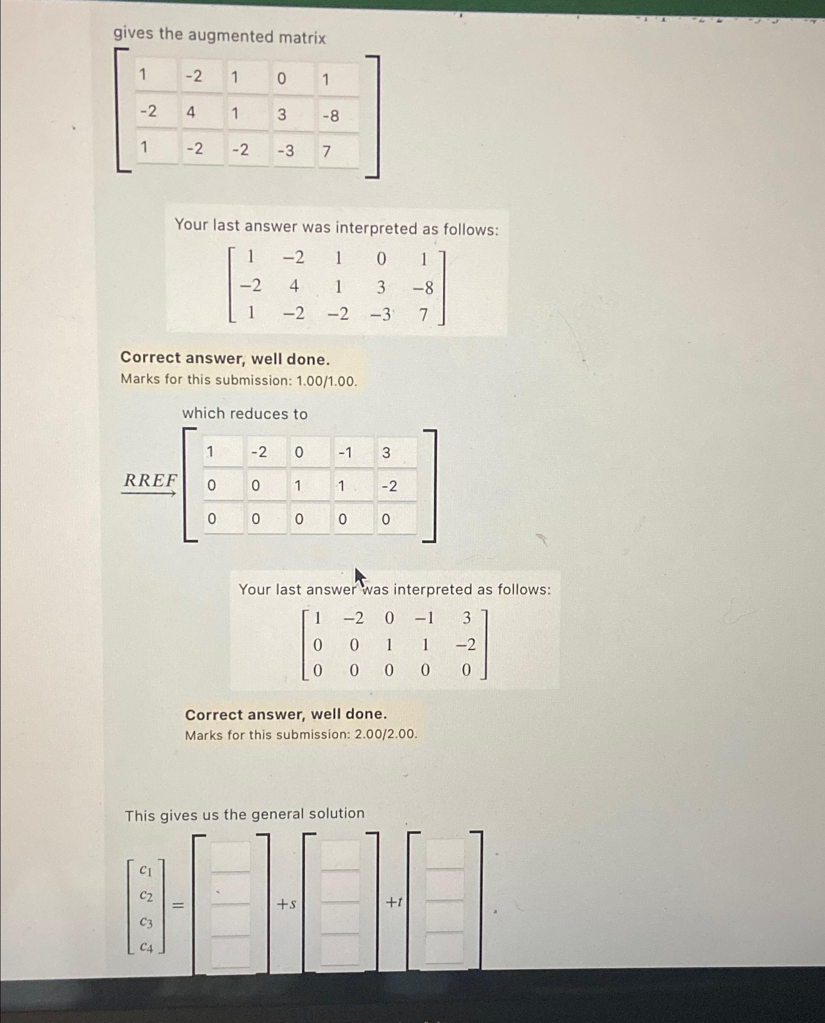 Solved gives the augmented matrix[1-2101-2413-81-2-2-37]Your | Chegg.com