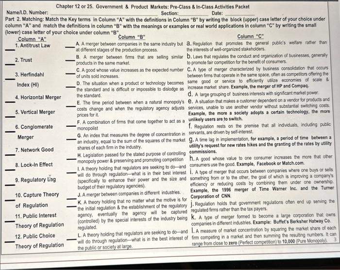 Name/l.D. Number: Section: Date: Part 2. Matching: | Chegg.com