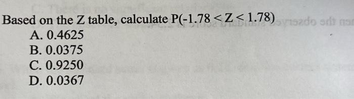 Solved Based on the Z table, calculate P(−1.78 | Chegg.com