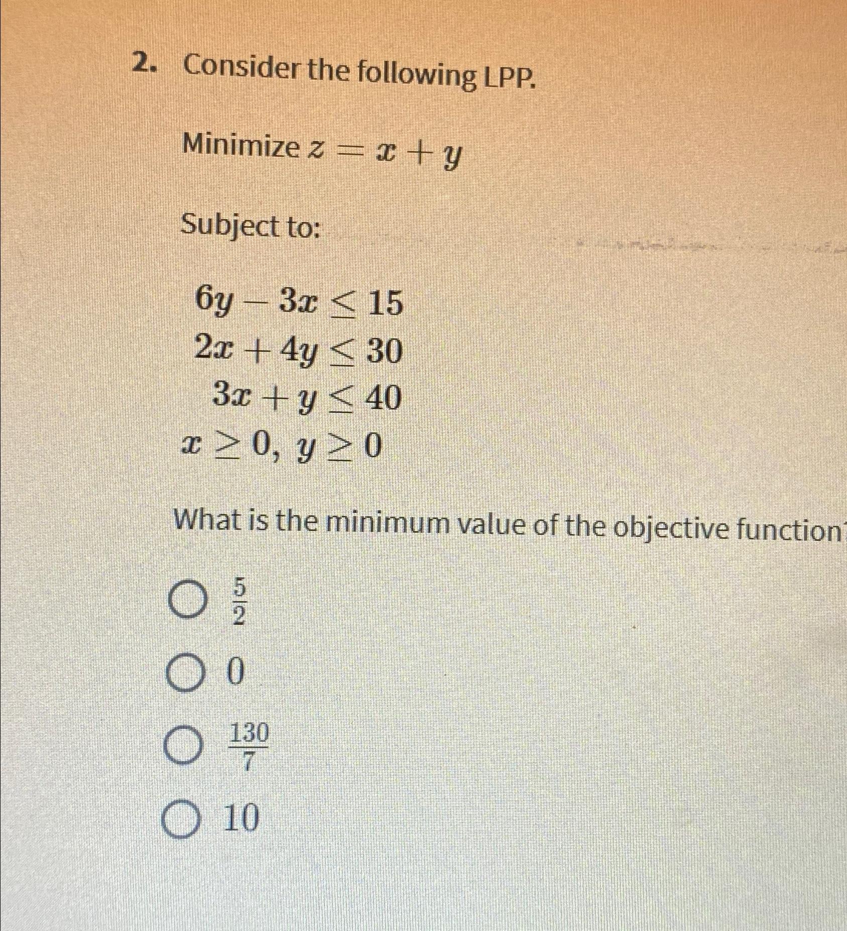 Solved Consider the following LPP. ﻿Minimize z=x+ySubject | Chegg.com