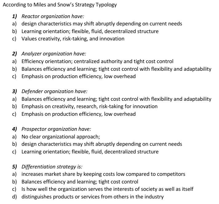Solved According to Miles and Snow's Strategy Typology 1) | Chegg.com