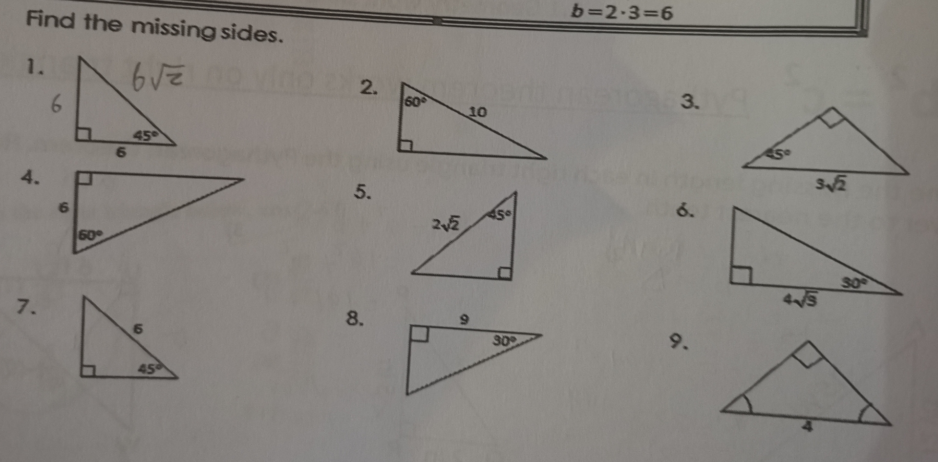 Solved Find the missing sides.b=2*3=62 | Chegg.com
