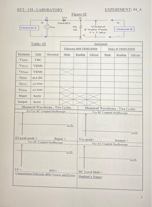 EET - 118 - LABORATORY EXPERIMENT: \#4_A Table: #2 | Chegg.com