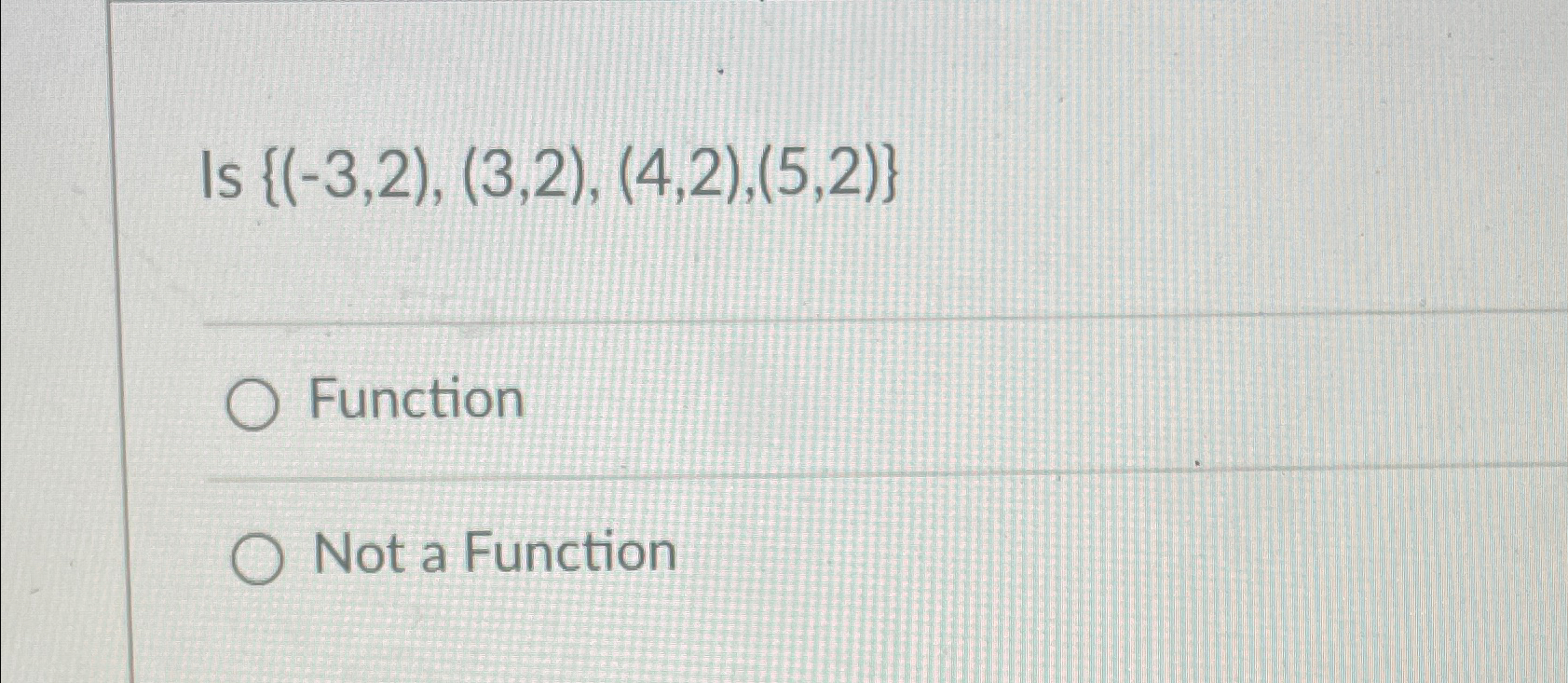 Solved Is {(-3,2),(3,2),(4,2),(5,2)}FunctionNot a Function | Chegg.com