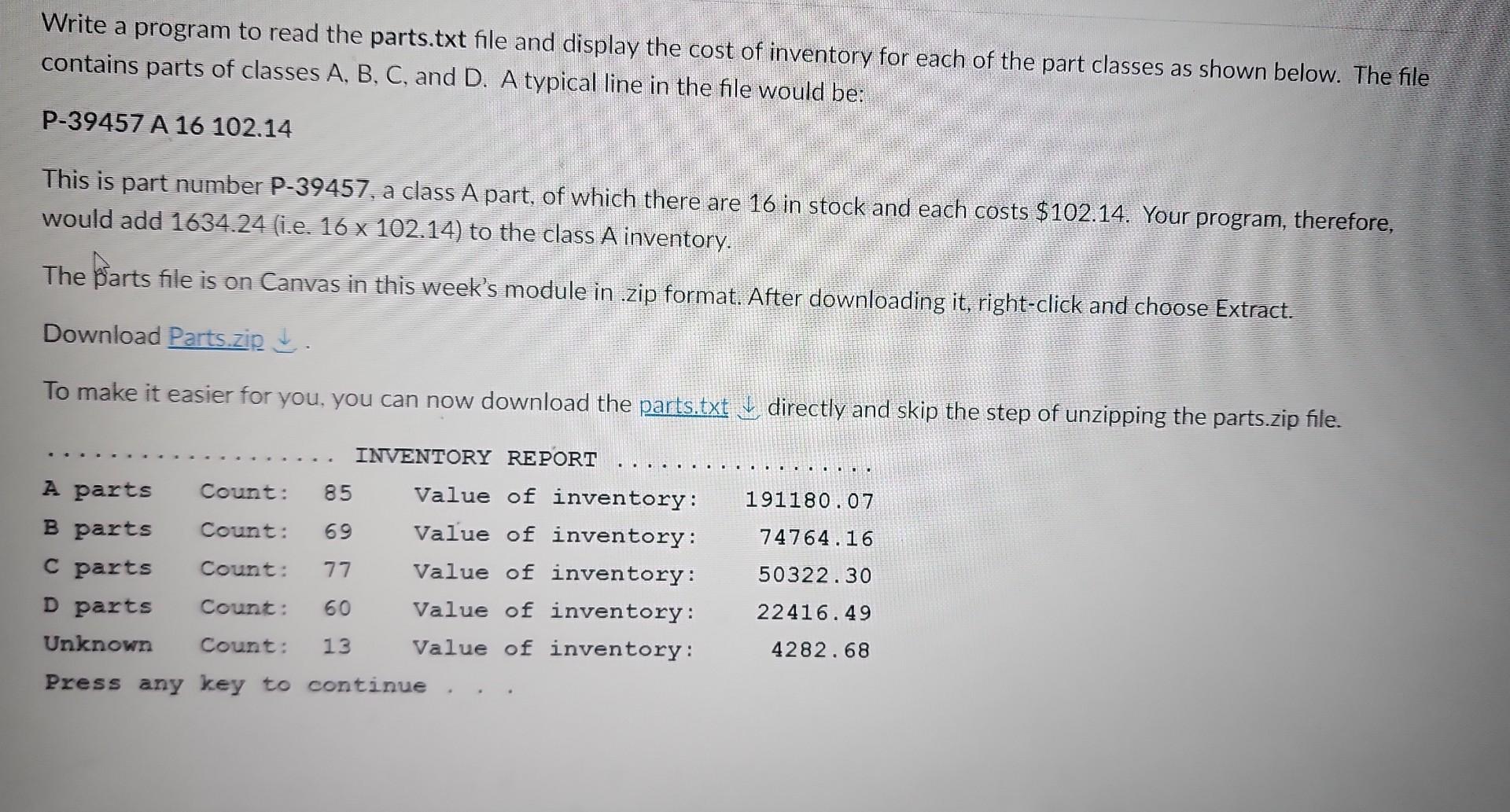 Write a program to read the parts.txt file and | Chegg.com