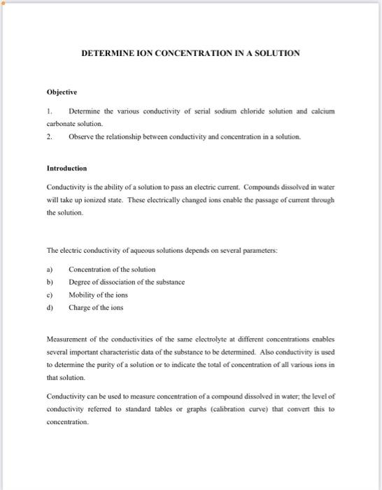 Solved DETERMINE ION CONCENTRATION IN A SOLUTION Objective | Chegg.com
