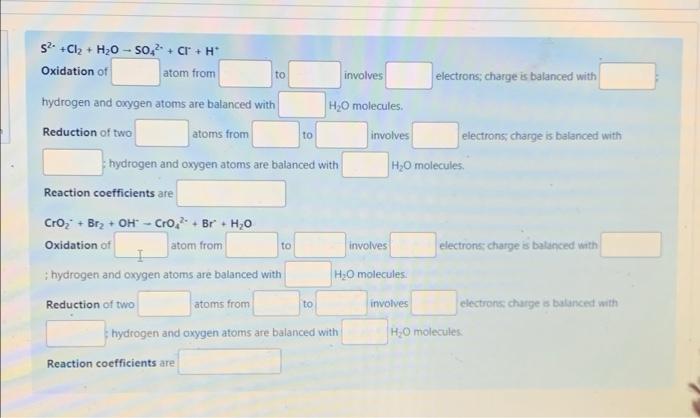 Solved to 52 +Cl2 + H2O - SO2 + CI+H Oxidation of atom from | Chegg.com