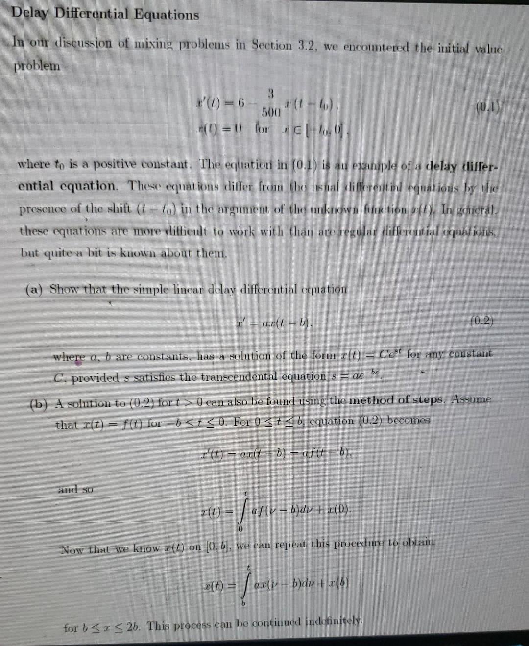 Solved Delay Differential Equations In our discussion of | Chegg.com