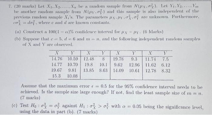 Solved 7. (20) marks) Let X1,X2,…,Xn be a raudom sample from | Chegg.com