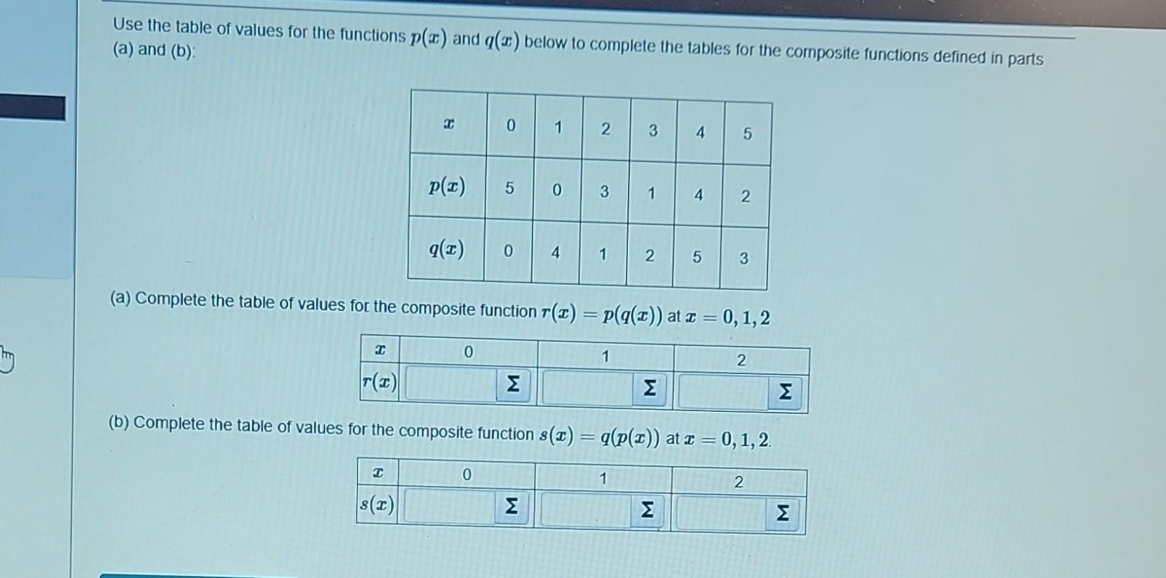 Solved Use the table of values for the functions p(x) and | Chegg.com